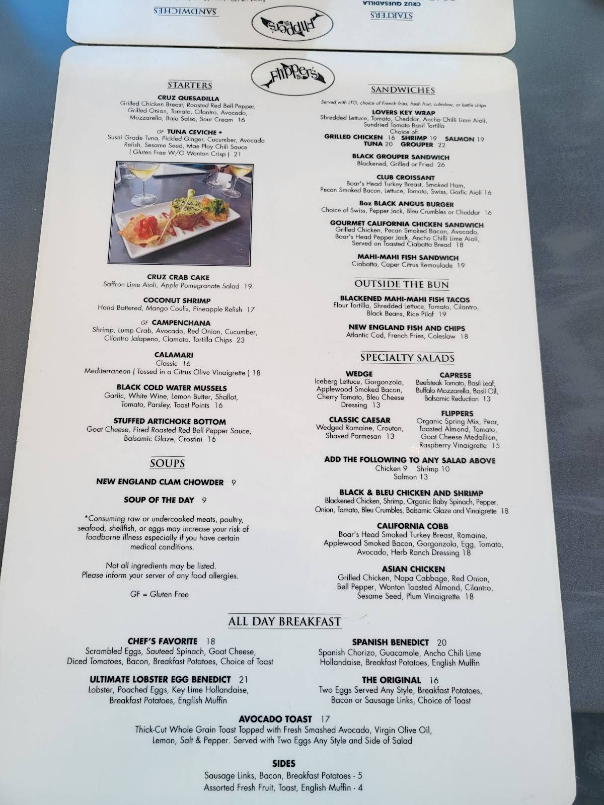 Menu at Flippers restaurant, Fort Myers Beach