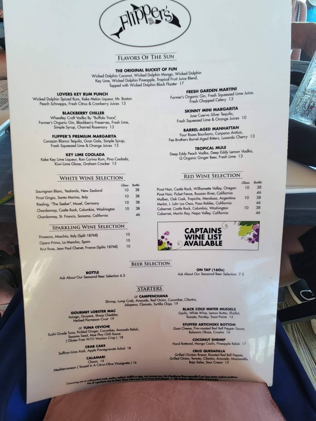 Menu at Flippers restaurant, Fort Myers Beach