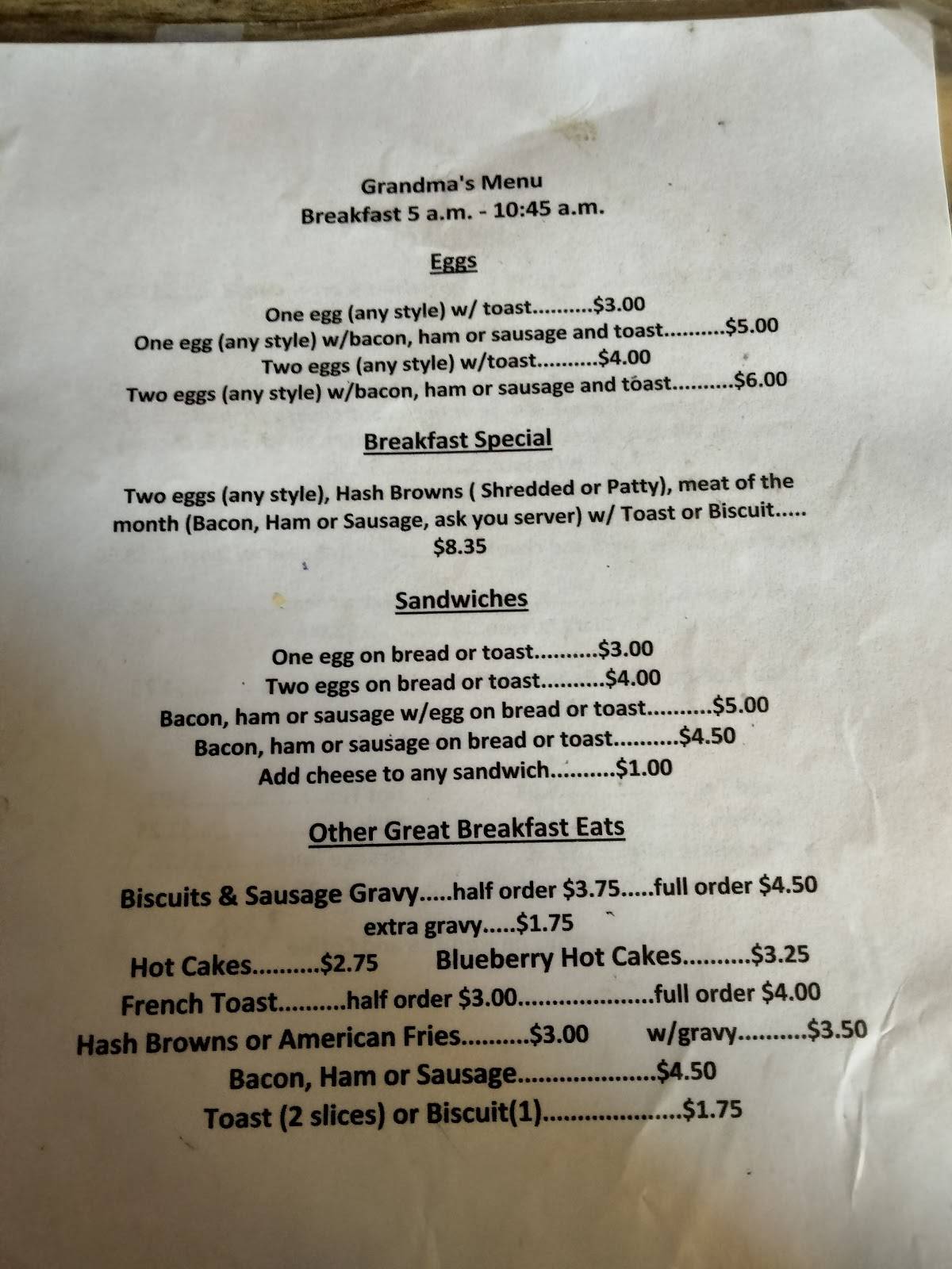 Menu at Grandma's Kitchen restaurant, Flora