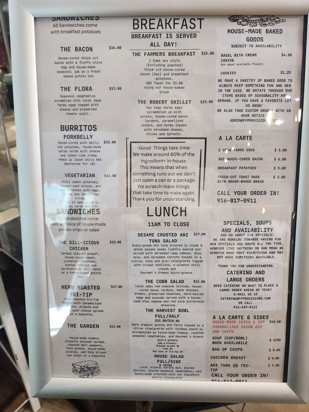 Menu at Flora & Fauna Provisions restaurant, Sacramento