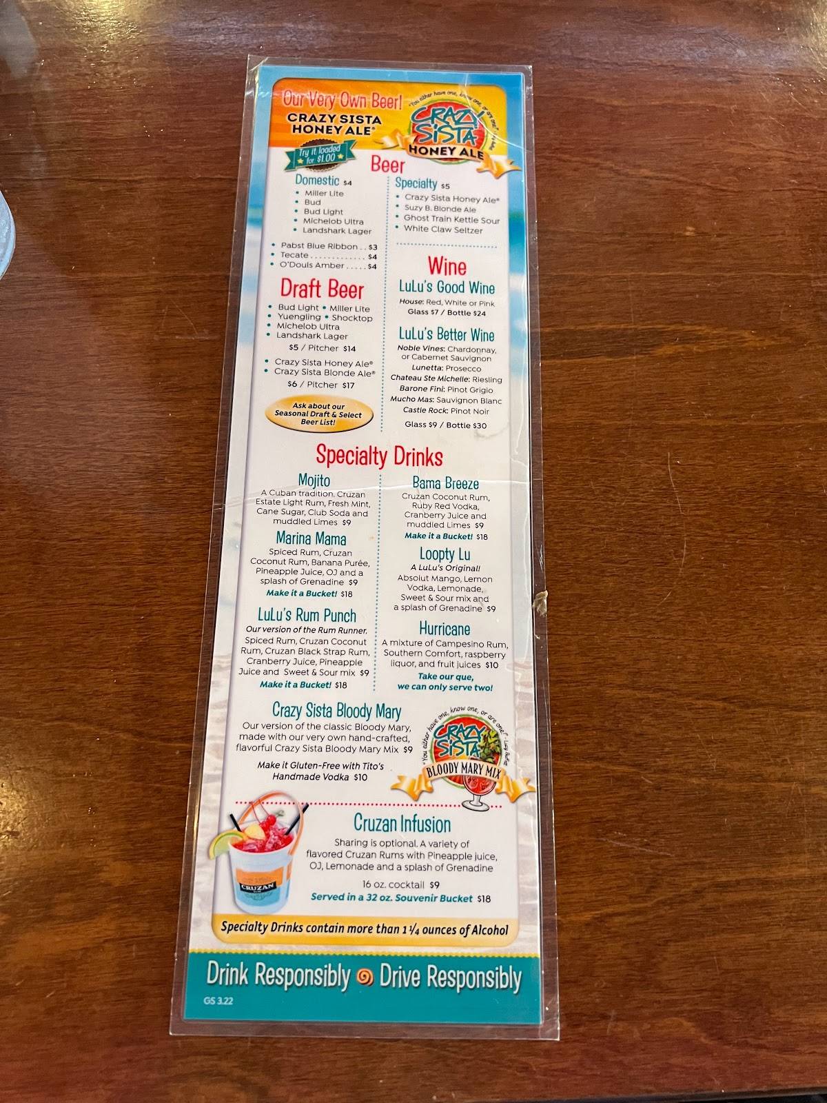 Menu at Lulu's Gulf Shores restaurant, Gulf Shores