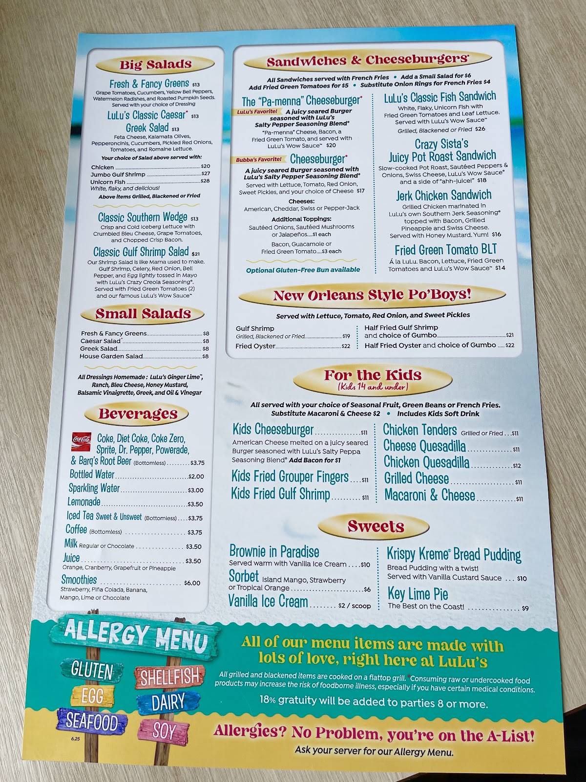 Menu at LuLu's Gulf Shores restaurant, Gulf Shores