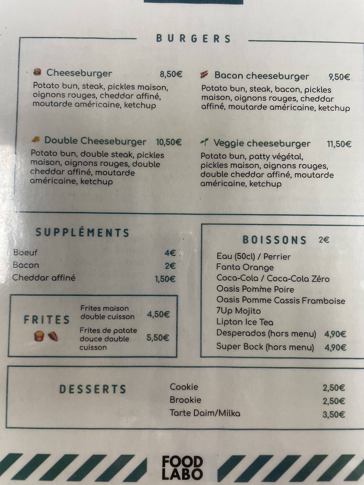 Menu au Food Labo restaurant, Nantes