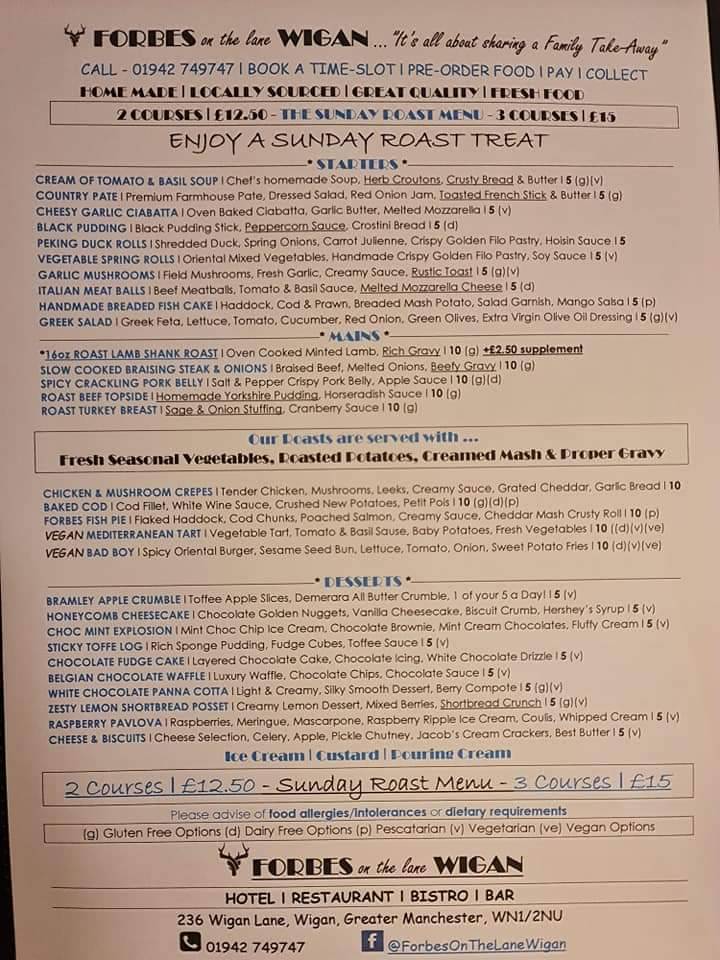 Menu at Forbes on the Lane pub & bar, Wigan
