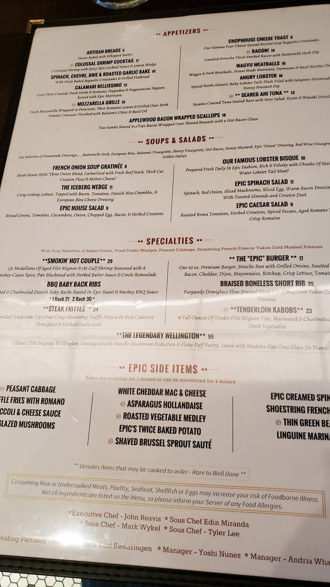Menu at Epic Chophouse at Kingsley pub & bar, Fort Mill