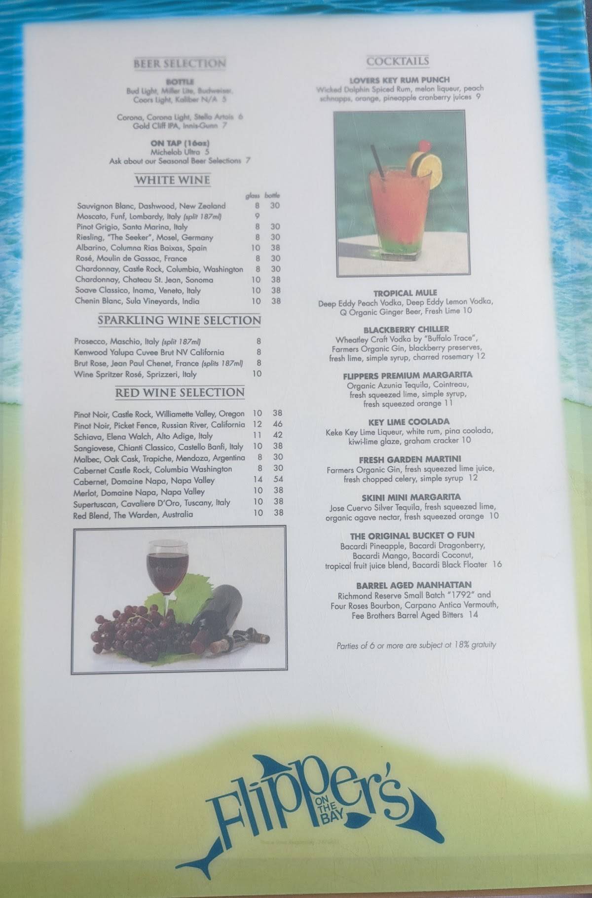 Menu at Flippers restaurant, Fort Myers Beach