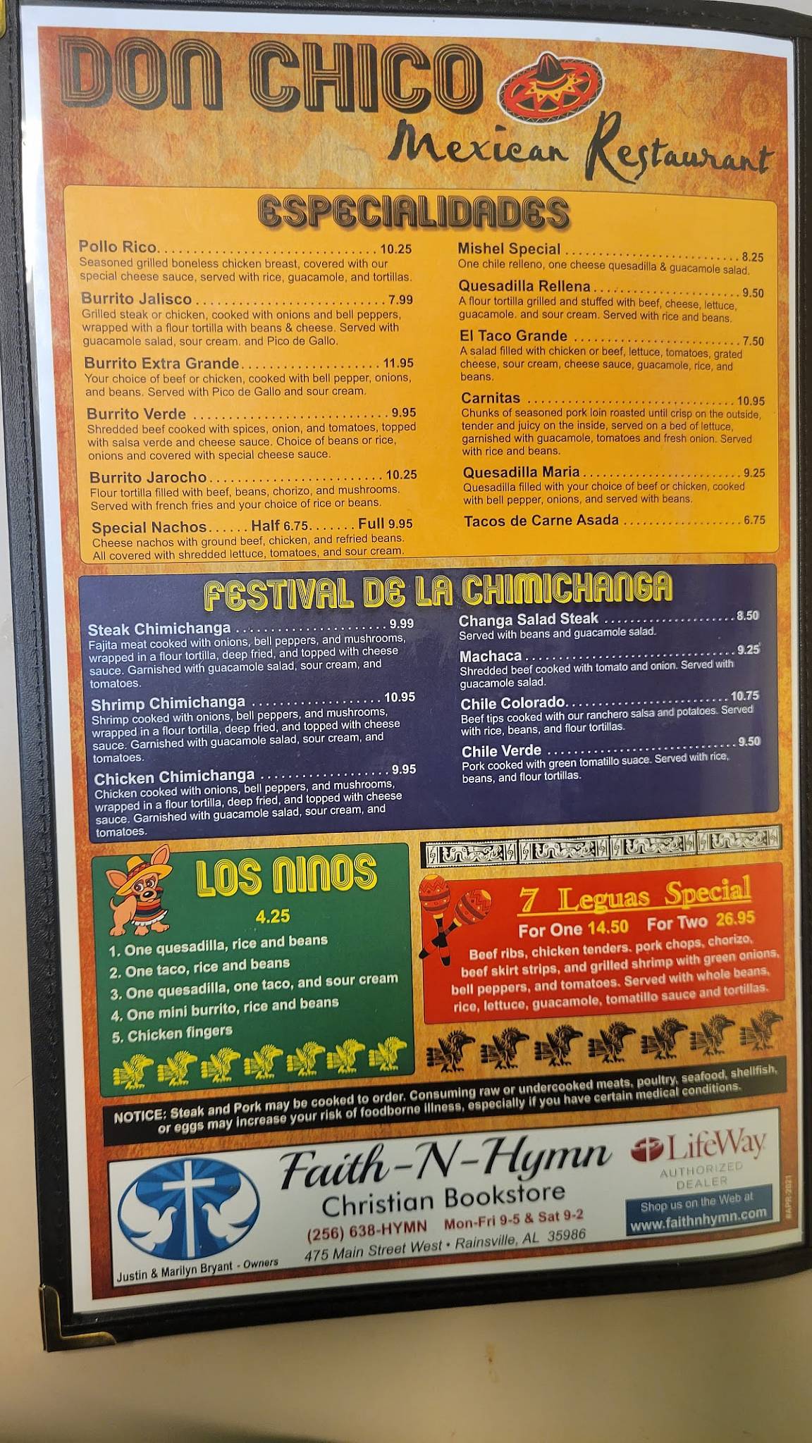 Menu at Don Chico Mexican Restaurant, Fort Payne