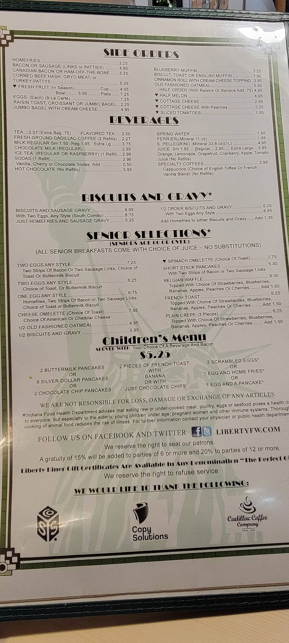 Menu at Liberty Diner restaurant, Fort Wayne, Goshen Rd