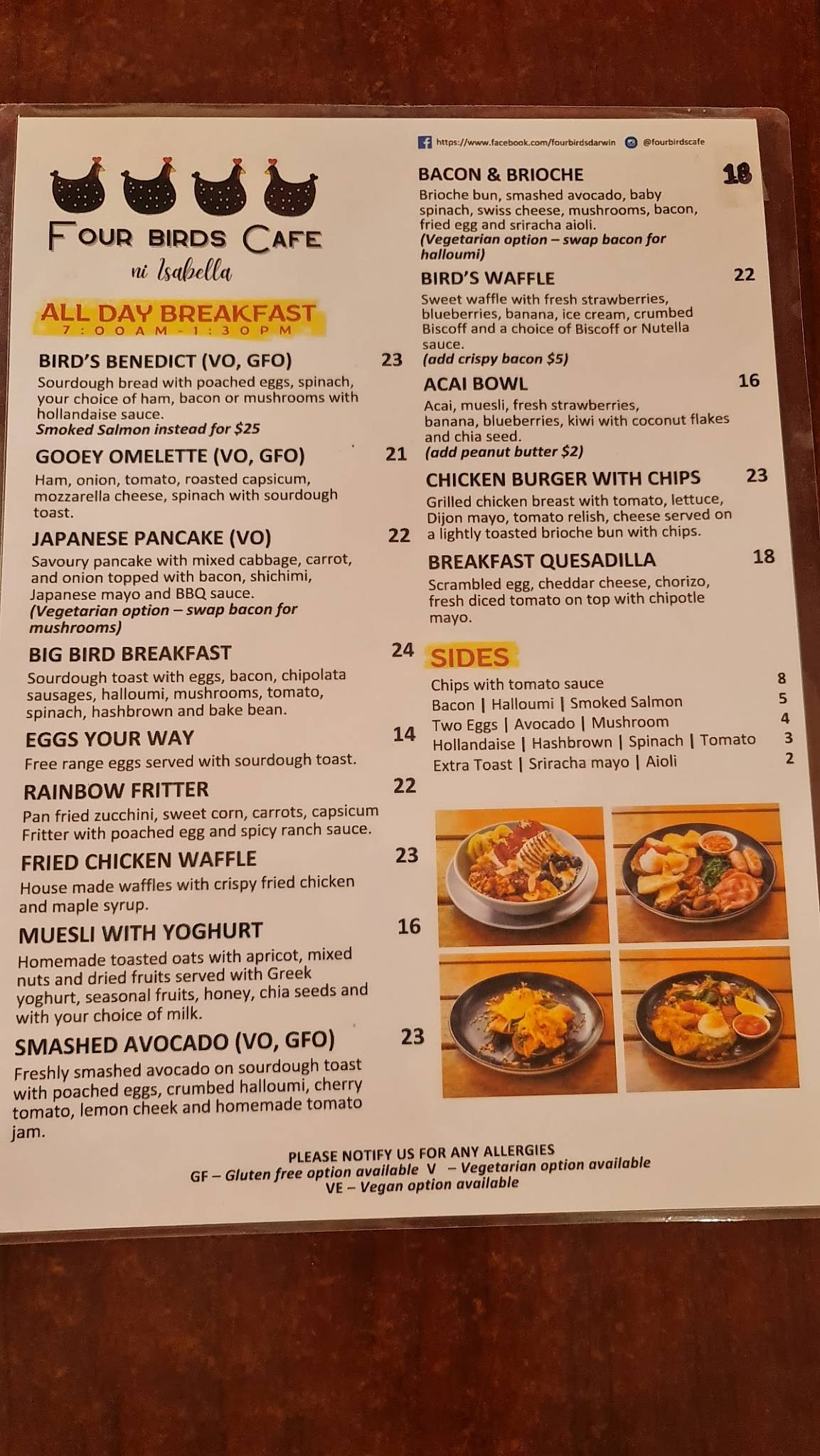 Menu at Four Birds restaurant, Darwin City
