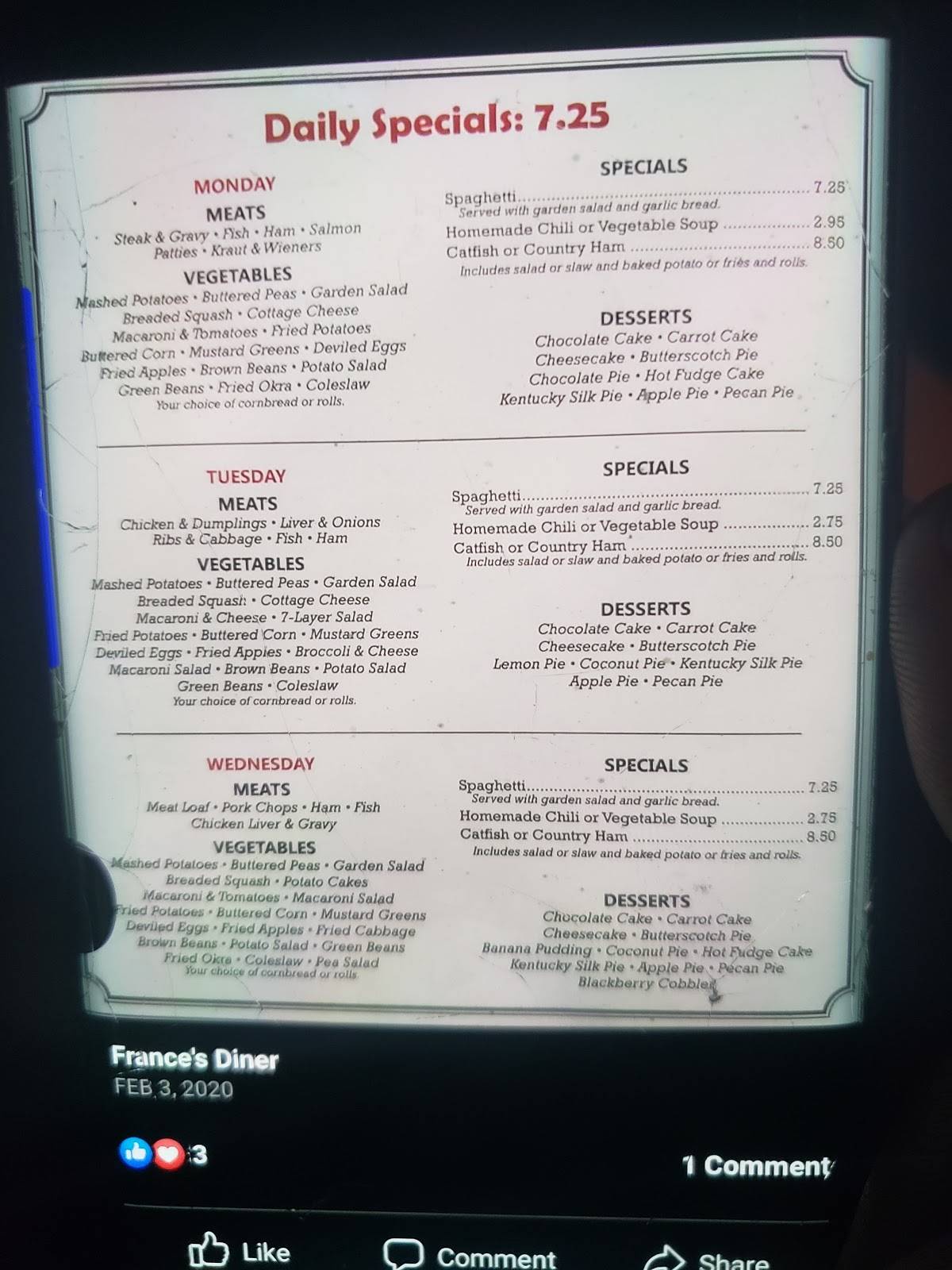 Menu at France's Diner restaurant, Hazard