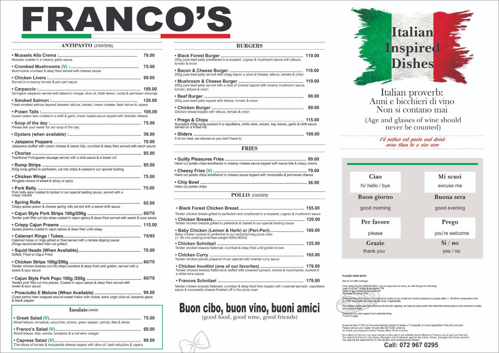 Menu at Franco’s restaurant, Vanderbijlpark, Frikkie Meyer Blvd