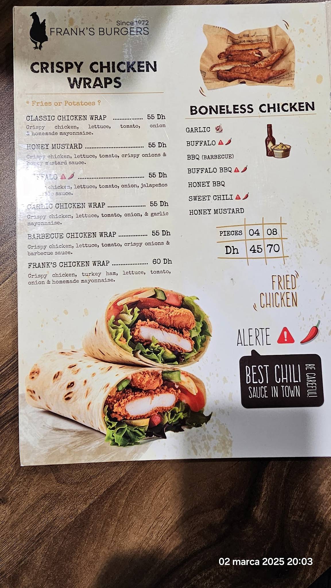 Menu at Frank’s Burgers Marina restaurant, Agadir