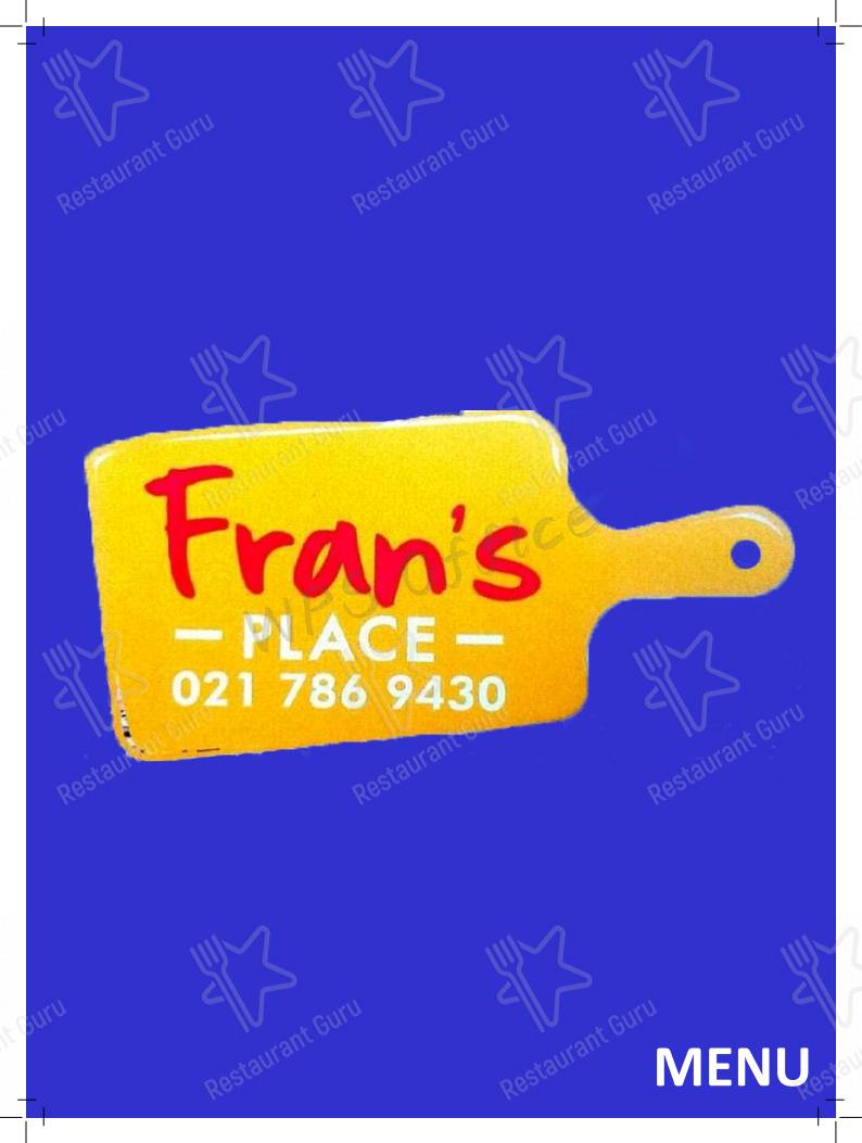 Menu at Fran's Place restaurant, Cape Town, 111 Jubilee St