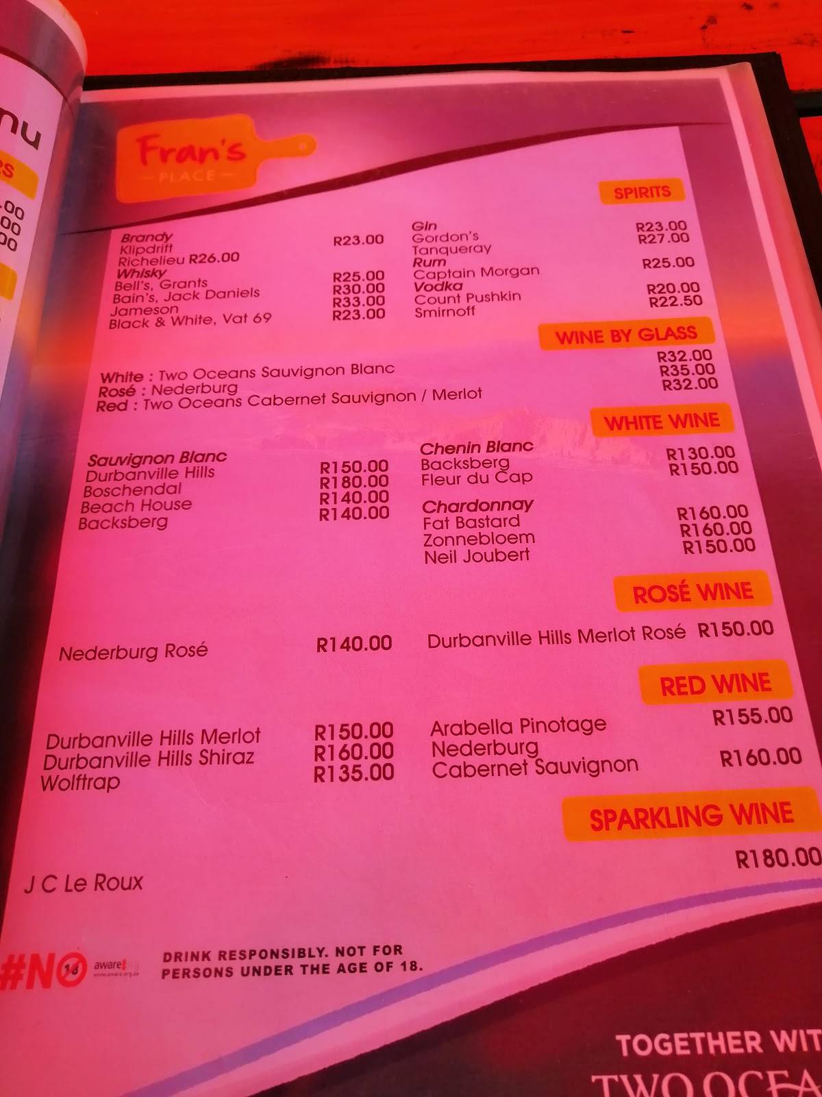 Menu at Fran's Place restaurant, Cape Town, 111 Jubilee St