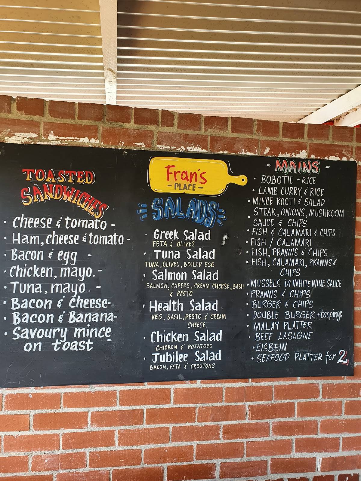 Menu at Fran's Place restaurant, Cape Town, 111 Jubilee St