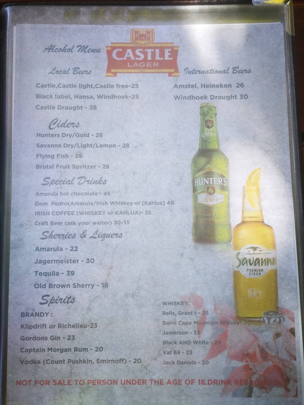 Menu at Fran's Place restaurant, Cape Town, 111 Jubilee St