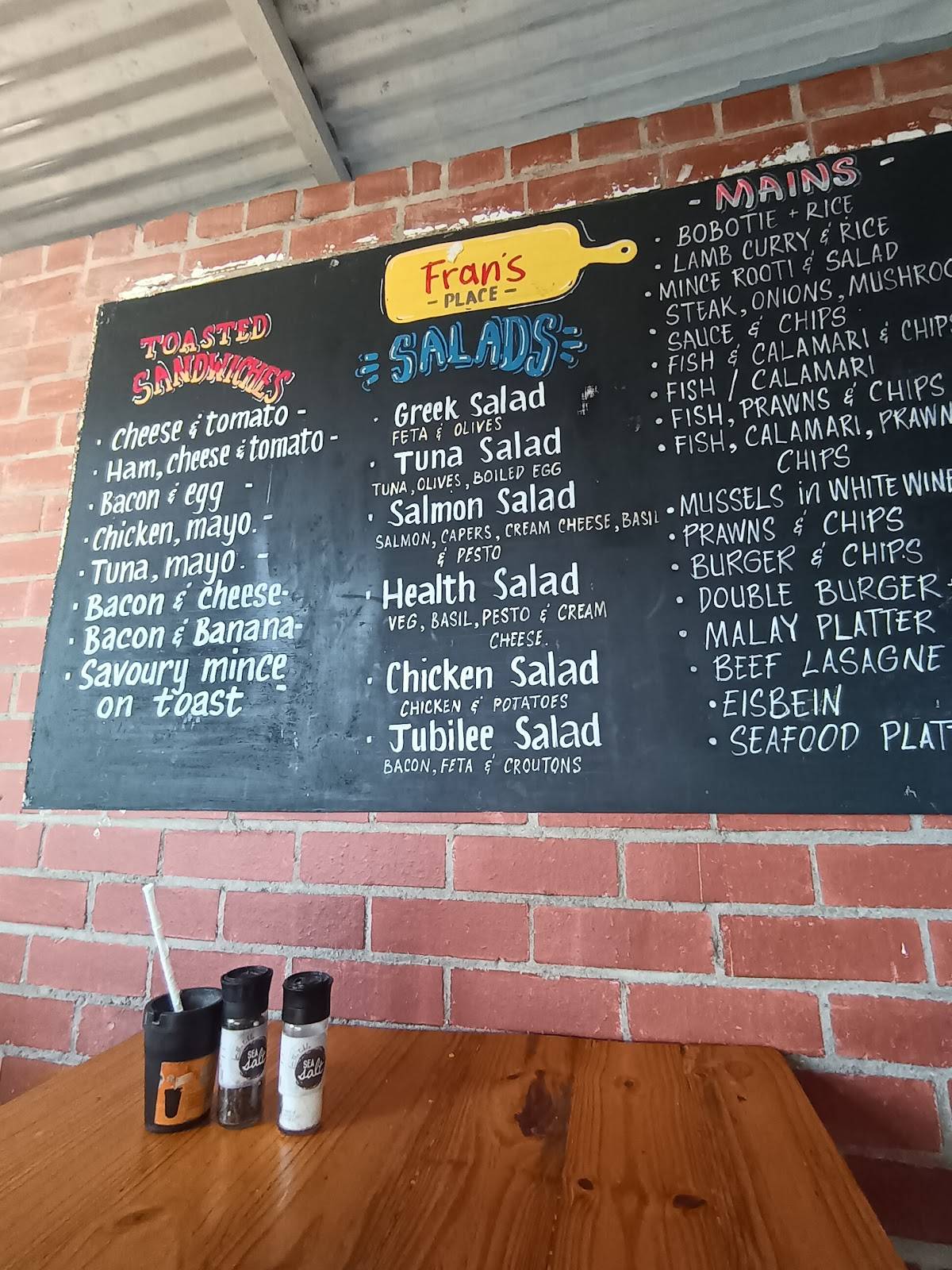 Menu at Fran's Place restaurant, Cape Town, 111 Jubilee St