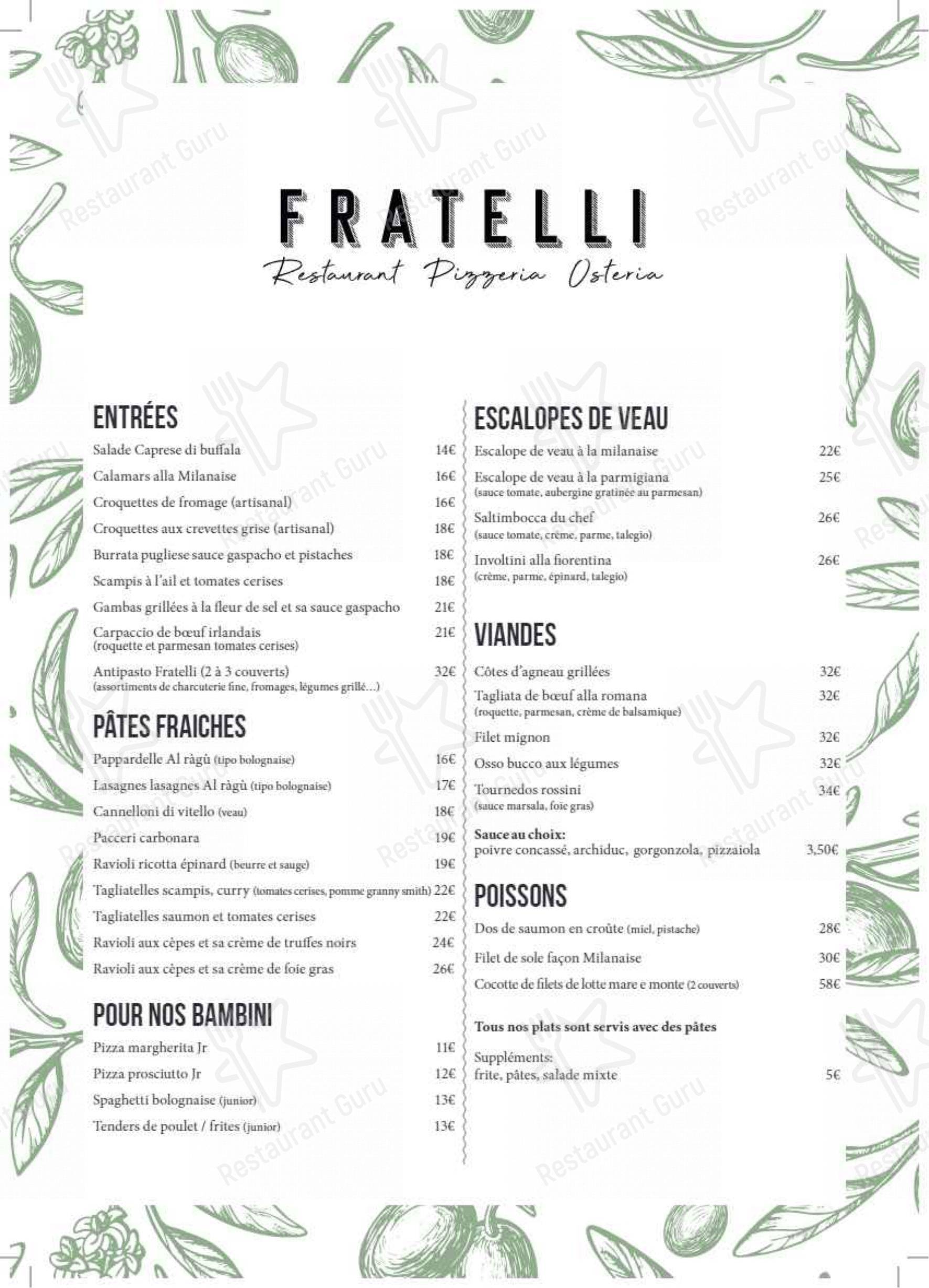 Menu au Fratelli Osteria, Braine-l'Alleud