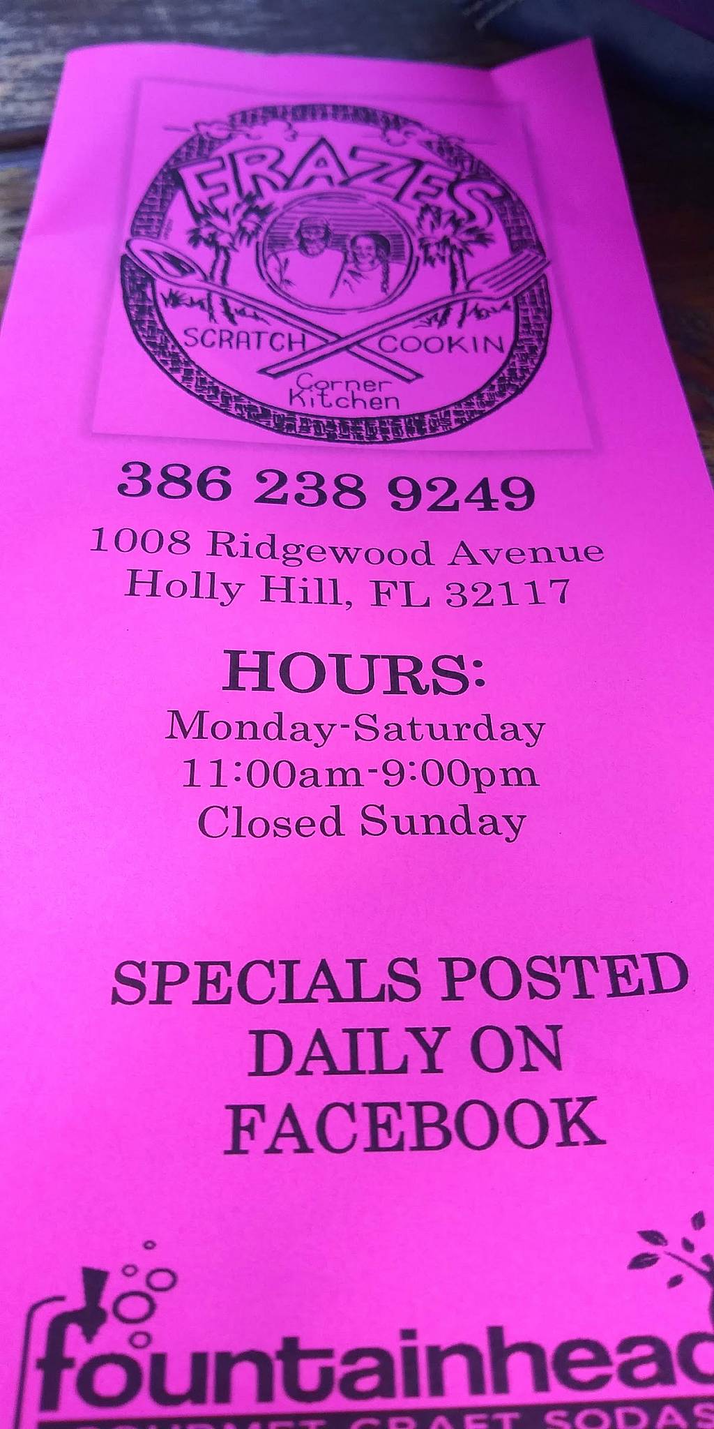 Menu at Fraze's Scratch Cookin' restaurant, Holly Hill, Ridgewood Ave