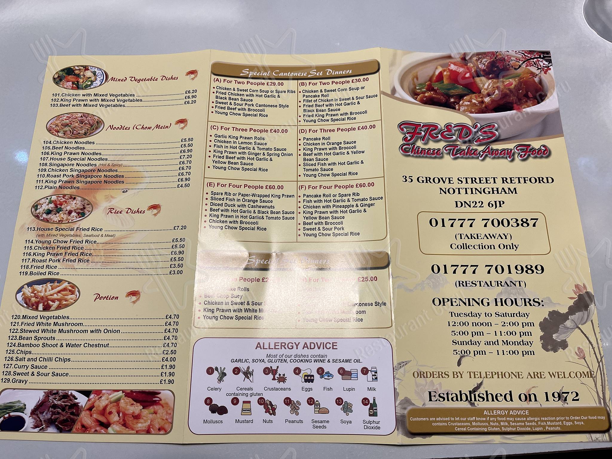 Menu at Fred's Cantonese Restaurant, Retford