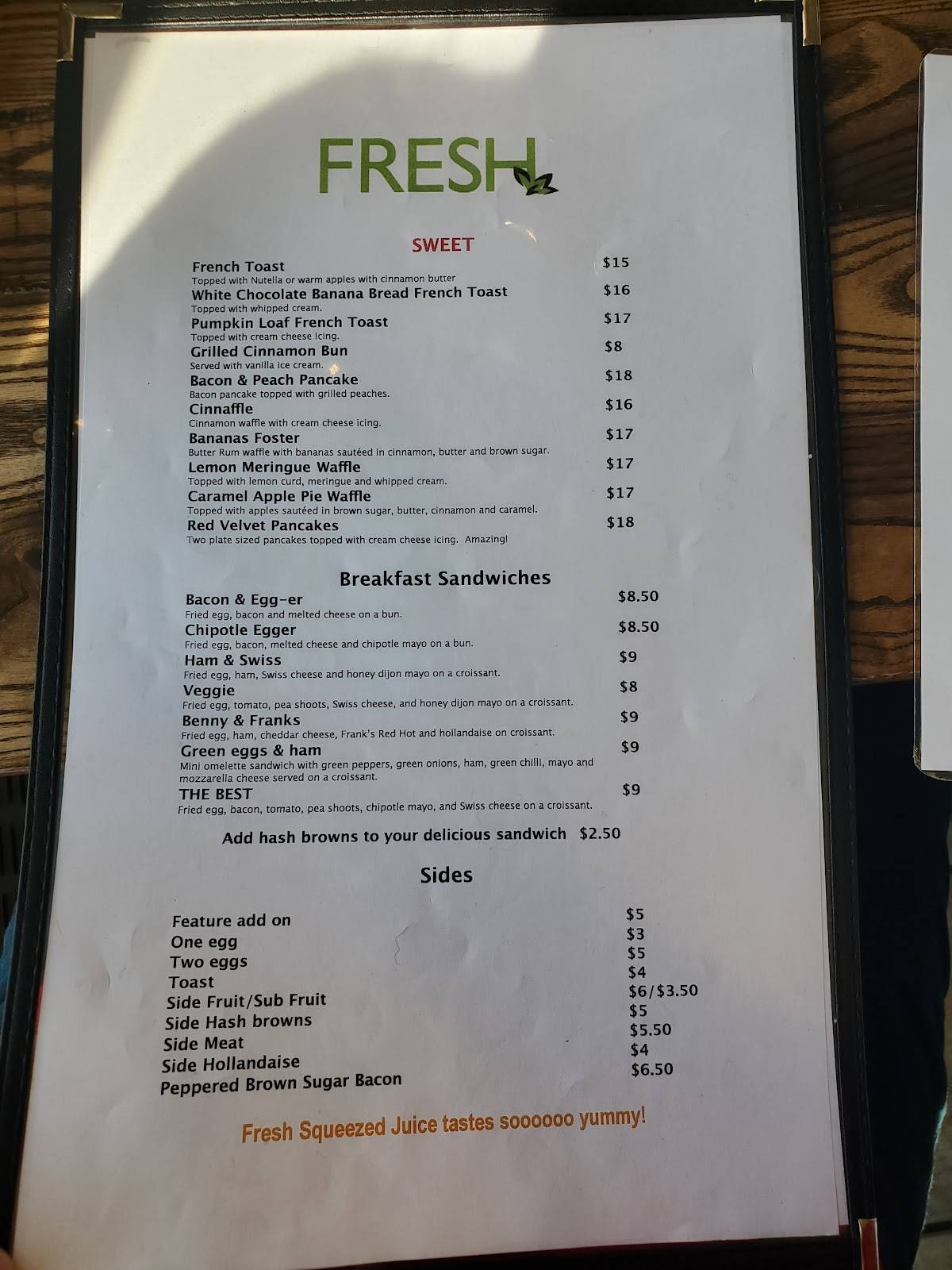 Menu at Fresh & Sweet cafe, Regina