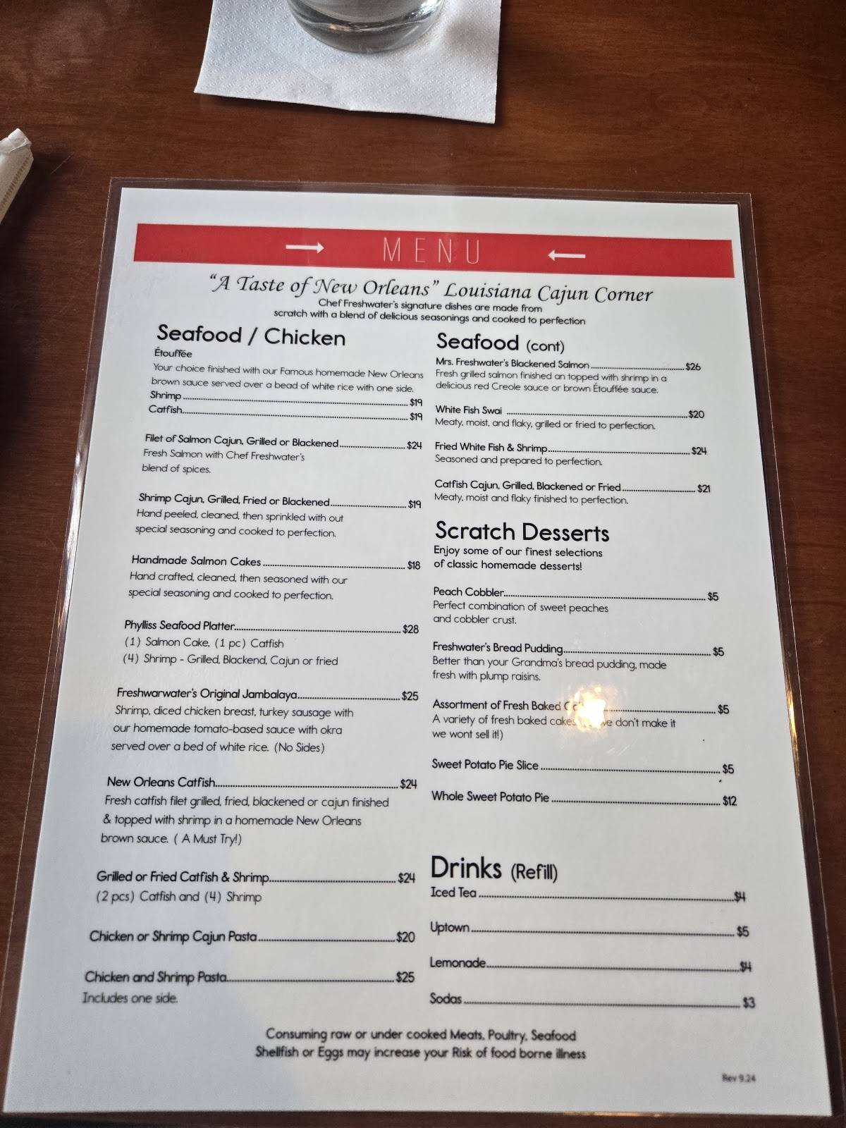 Menu at Freshwaters Southern New Orleans restaurant, Charlotte