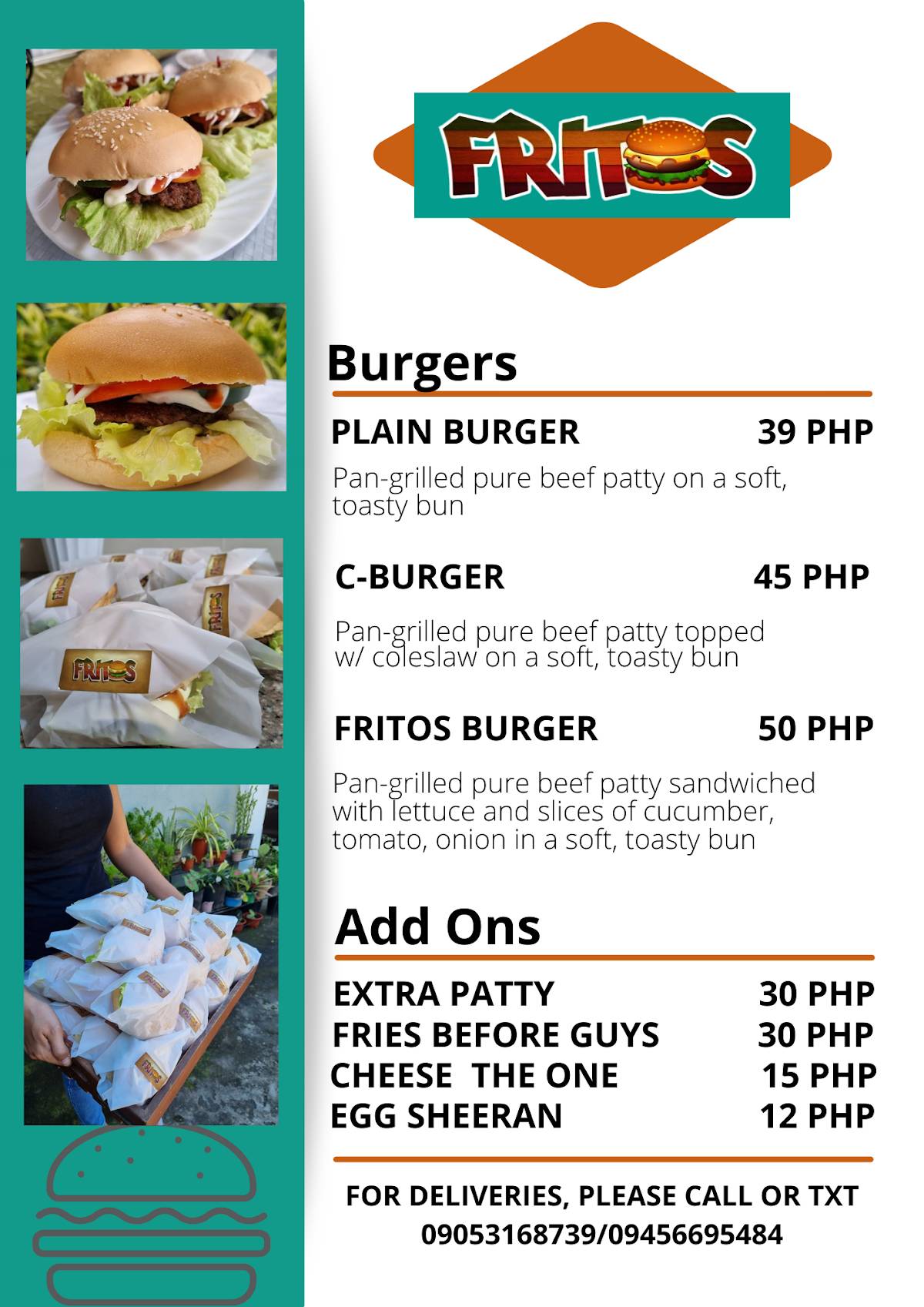 Menu at Fritos Burgers restaurant, Dumaguete