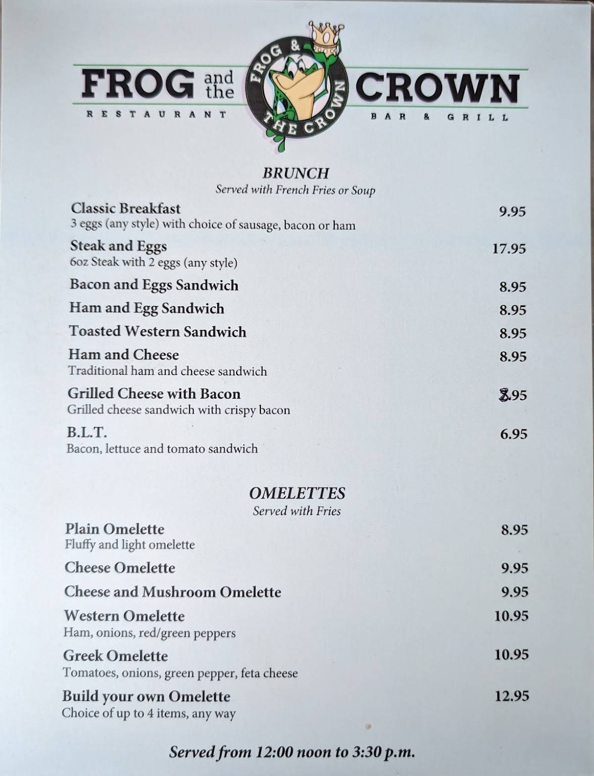 Menu at Frog and the Crown Restaurant & Bar, Toronto