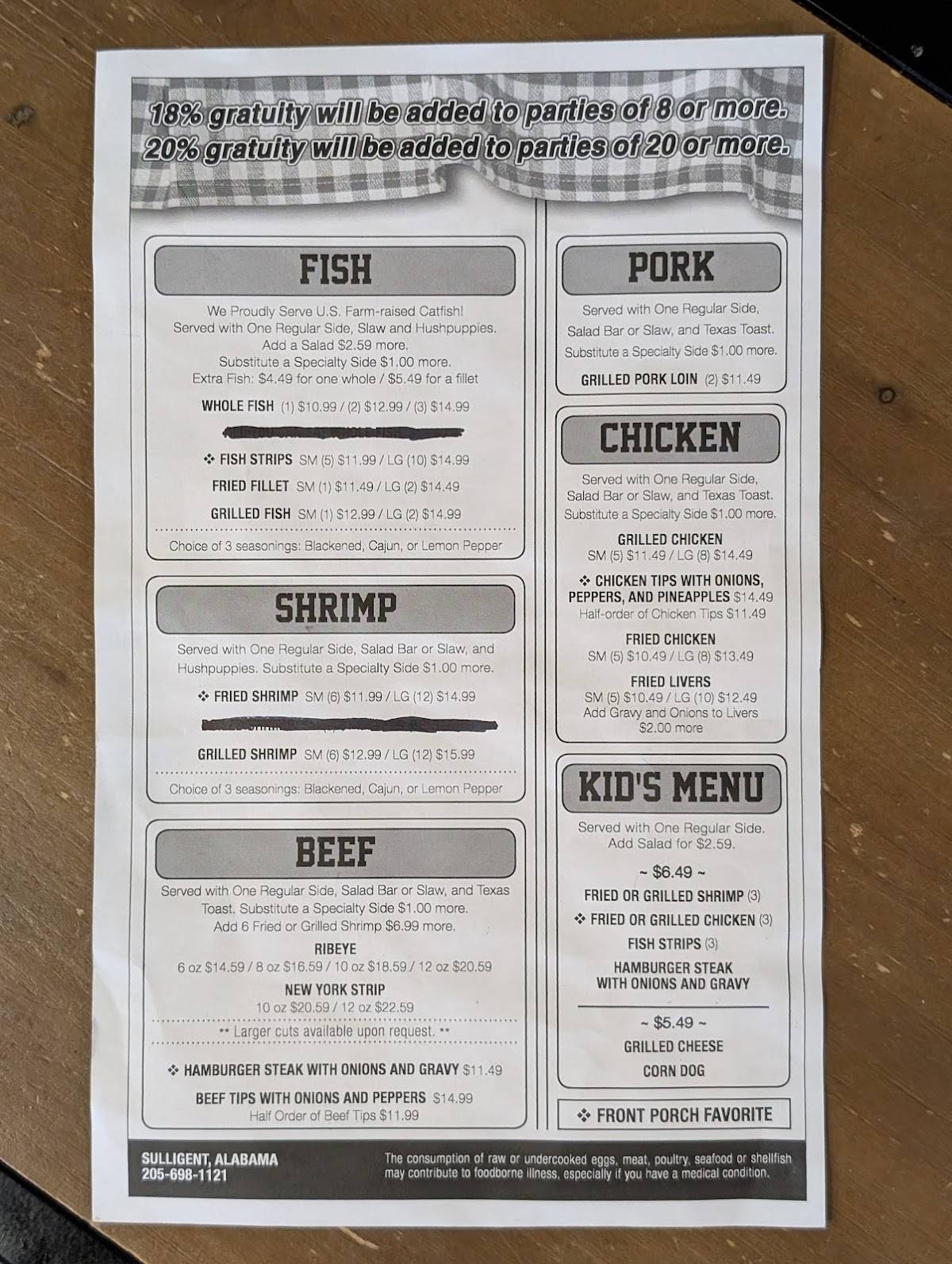 Menu at Front Porch restaurant, Sulligent