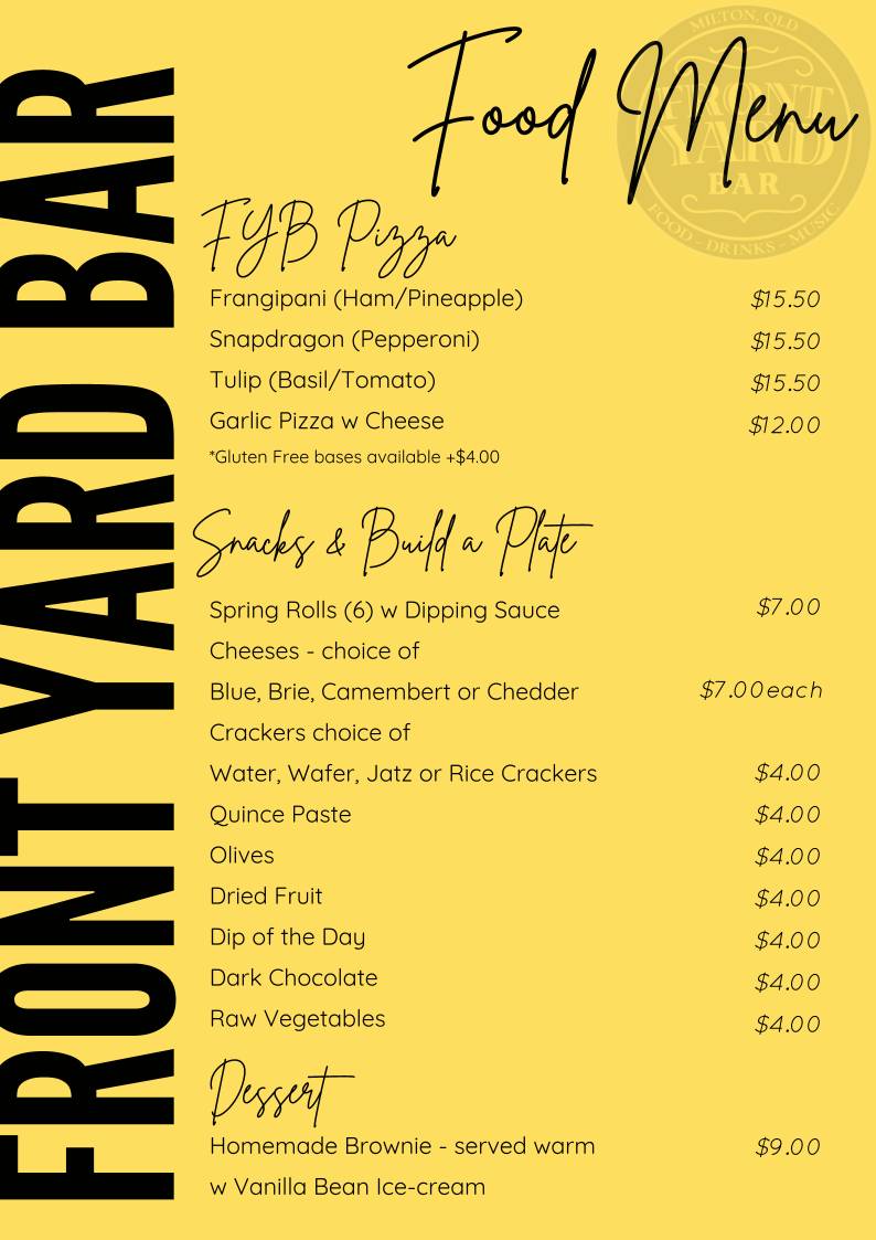 Menu at Front Yard Bar, Auchenflower