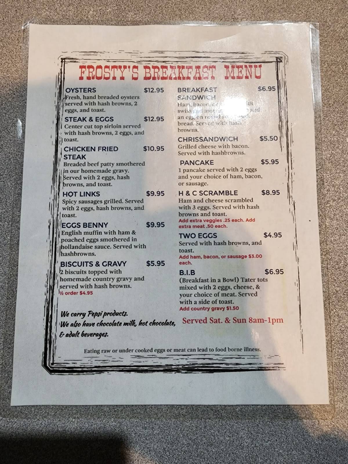 Menu at Frosty's Saloon & Grill pub & bar, Napavine, 113 W Front St