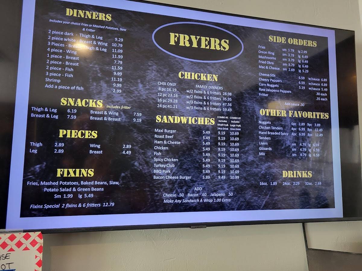 Menu at Fryer's Chicken restaurant, Melrose