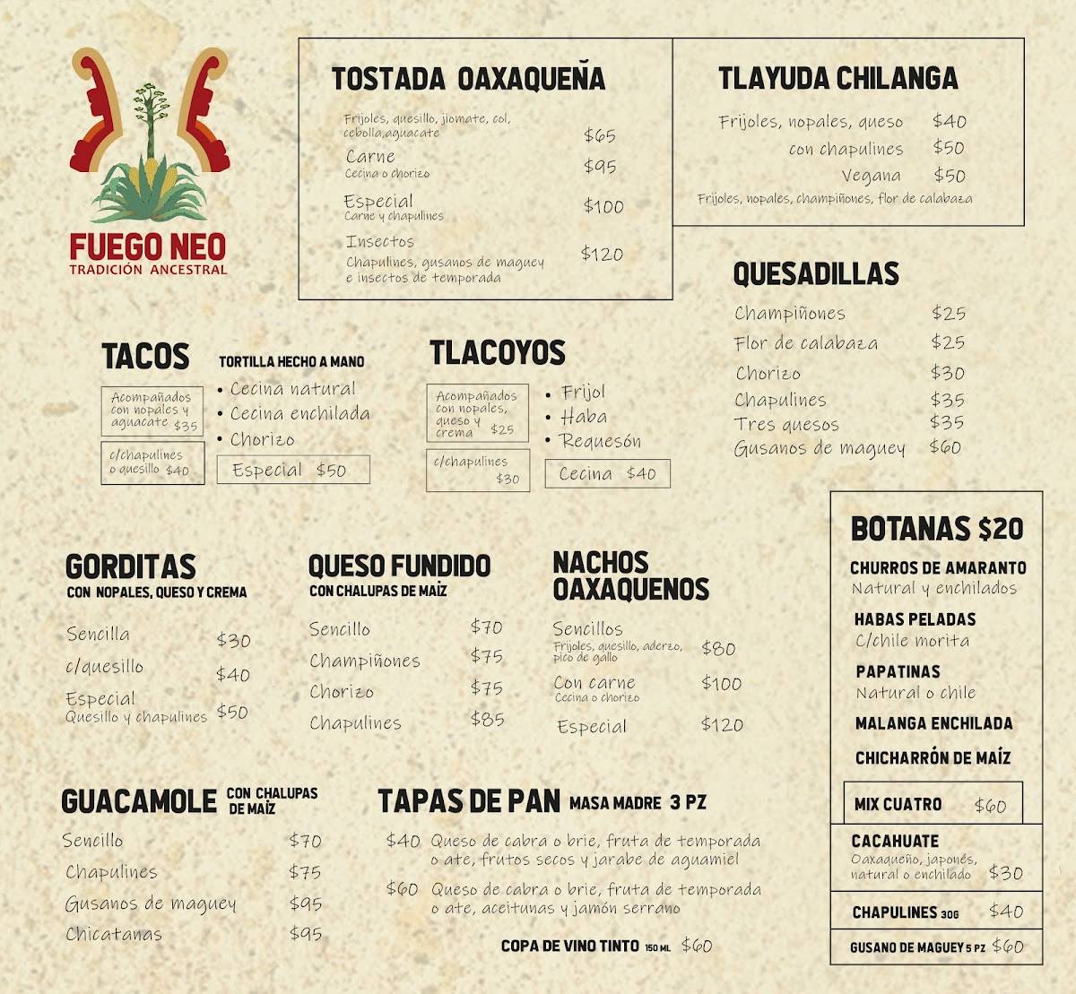 Menu at Fuego Neo Tradición Ancestral restaurant, Mexico