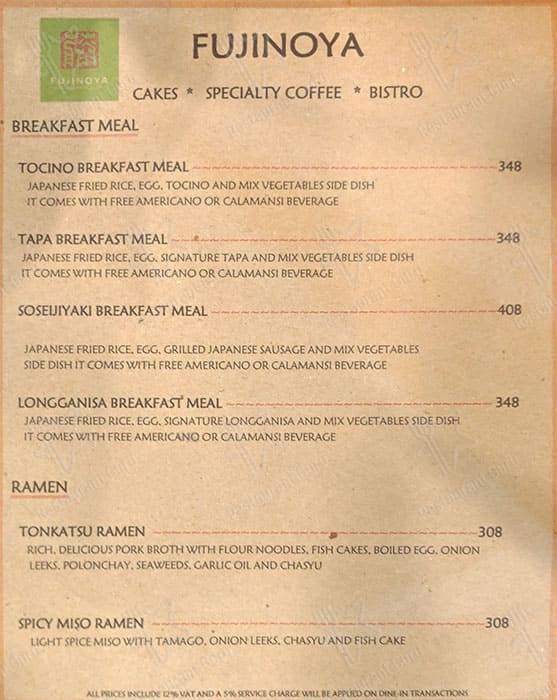 Carta del café Fujinoya, Cebú