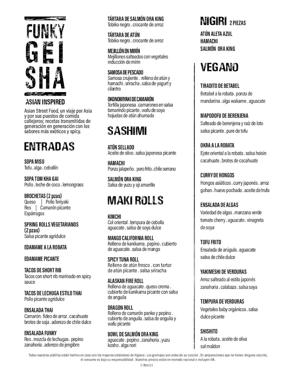 Carta de Funky Geisha Asian Restaurant in Cancun, Cancún