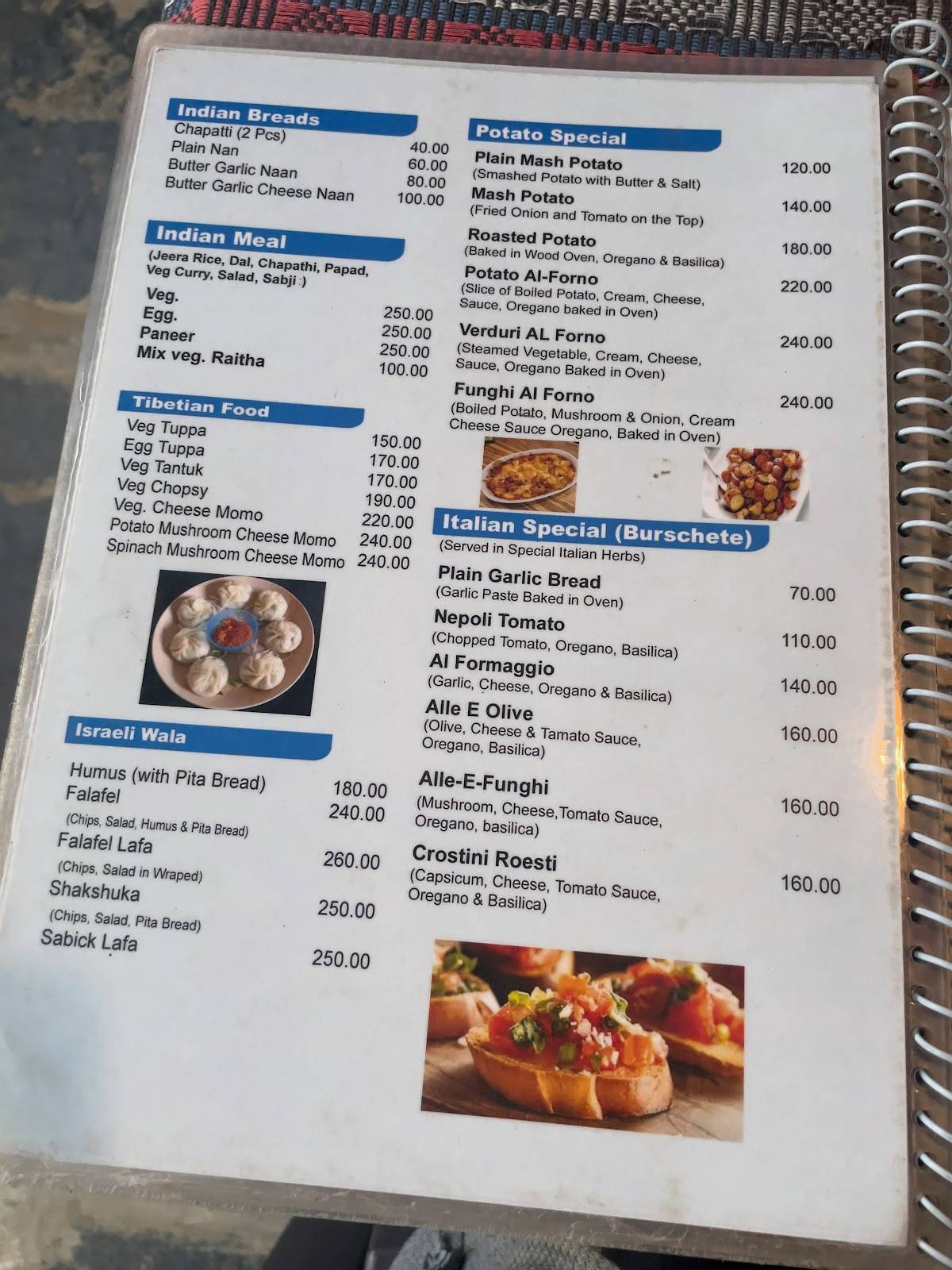 Menu at Funky Monkey restaurant, Hampi