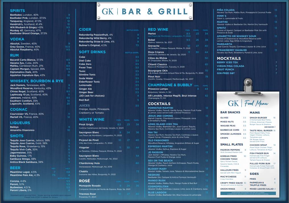 Menu at GK Bar & Grill, London, Peninsula Square