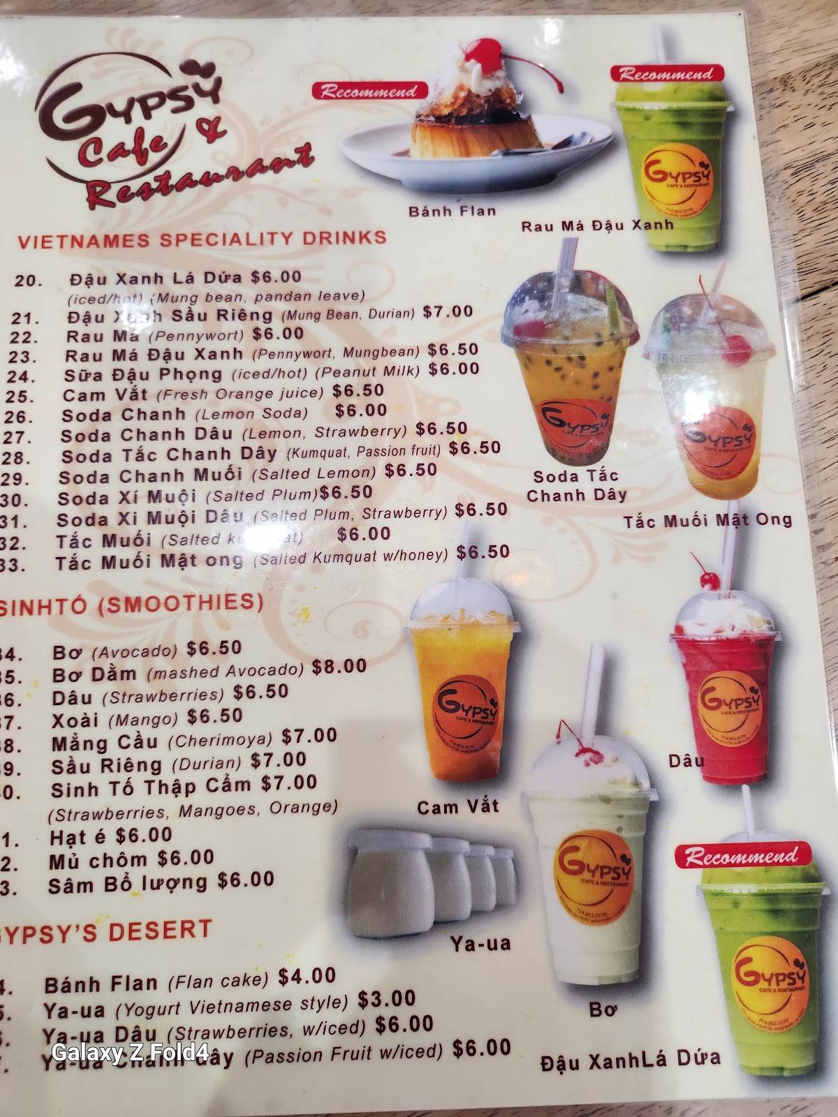Carta de GYPSY Cafe & Restaurant, Westminster, Bolsa Ave