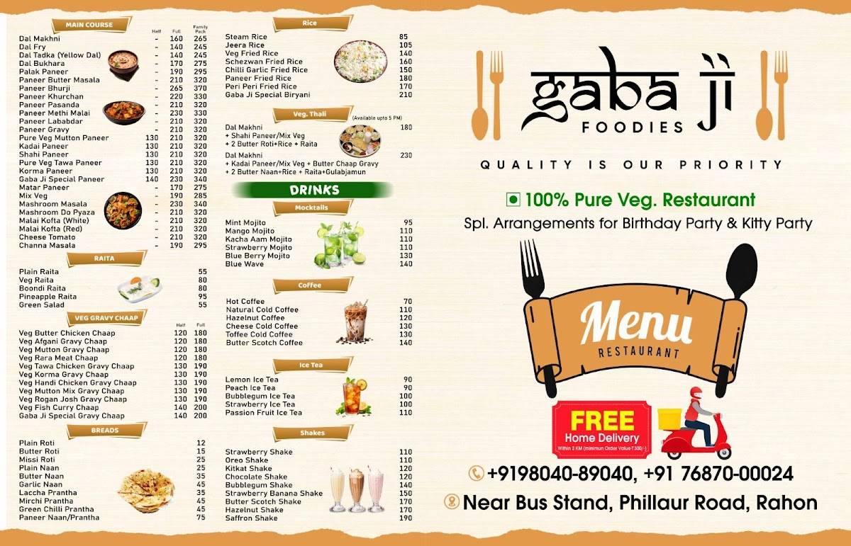 Menu at Gaba ji foodies Best Restaurant Rahon, Rahon