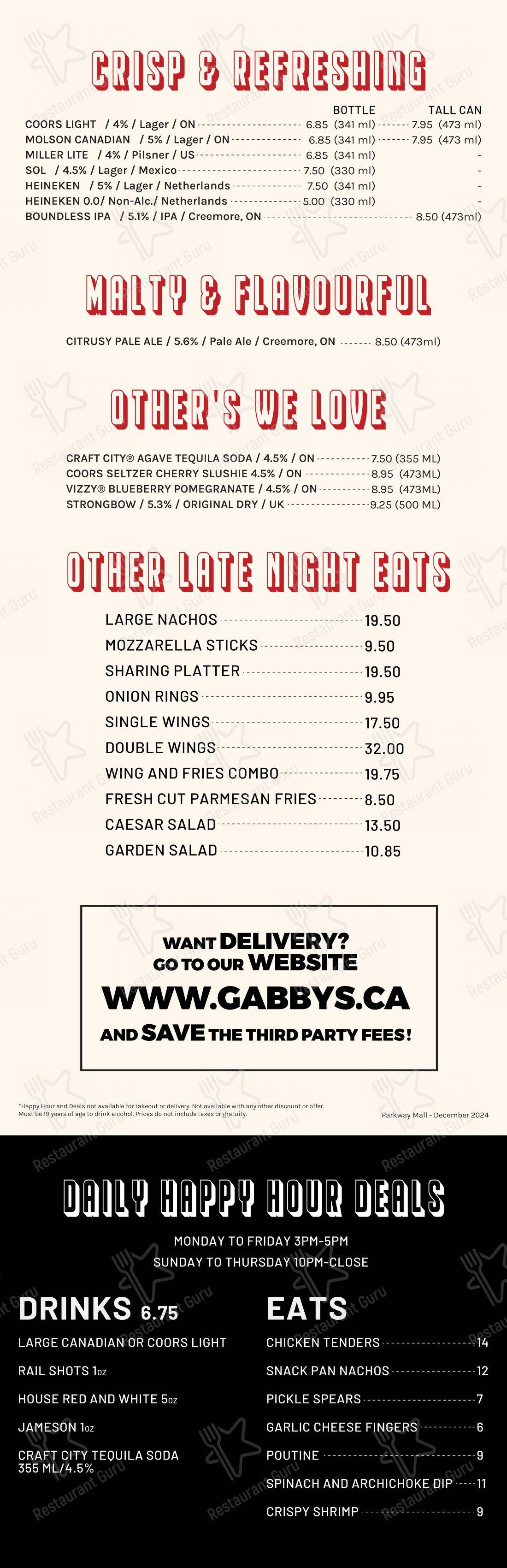 Menu at Gabby's pub & bar, Toronto, North West Corner