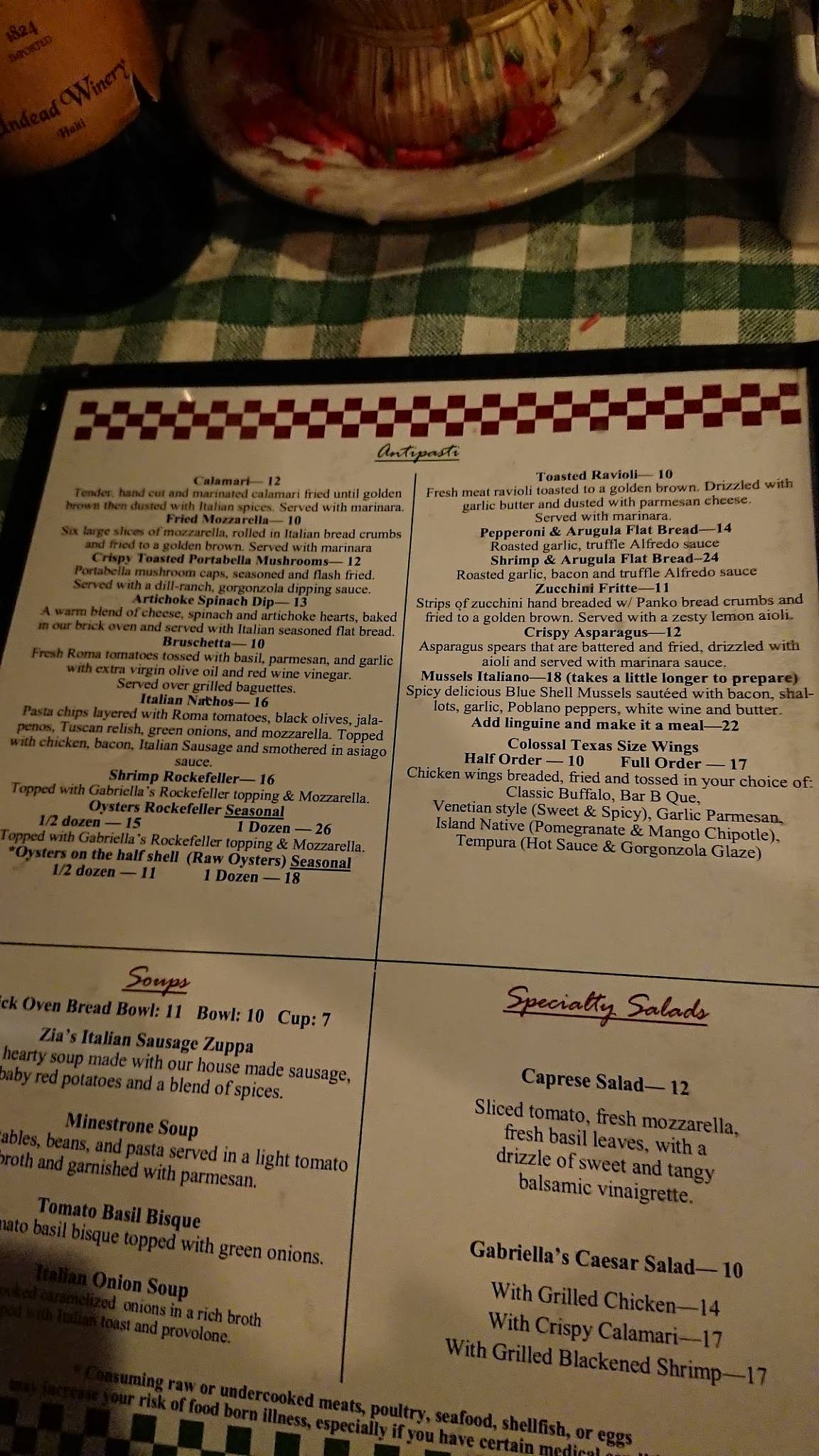 Menu at Gabriella's pizzeria, South Padre Island