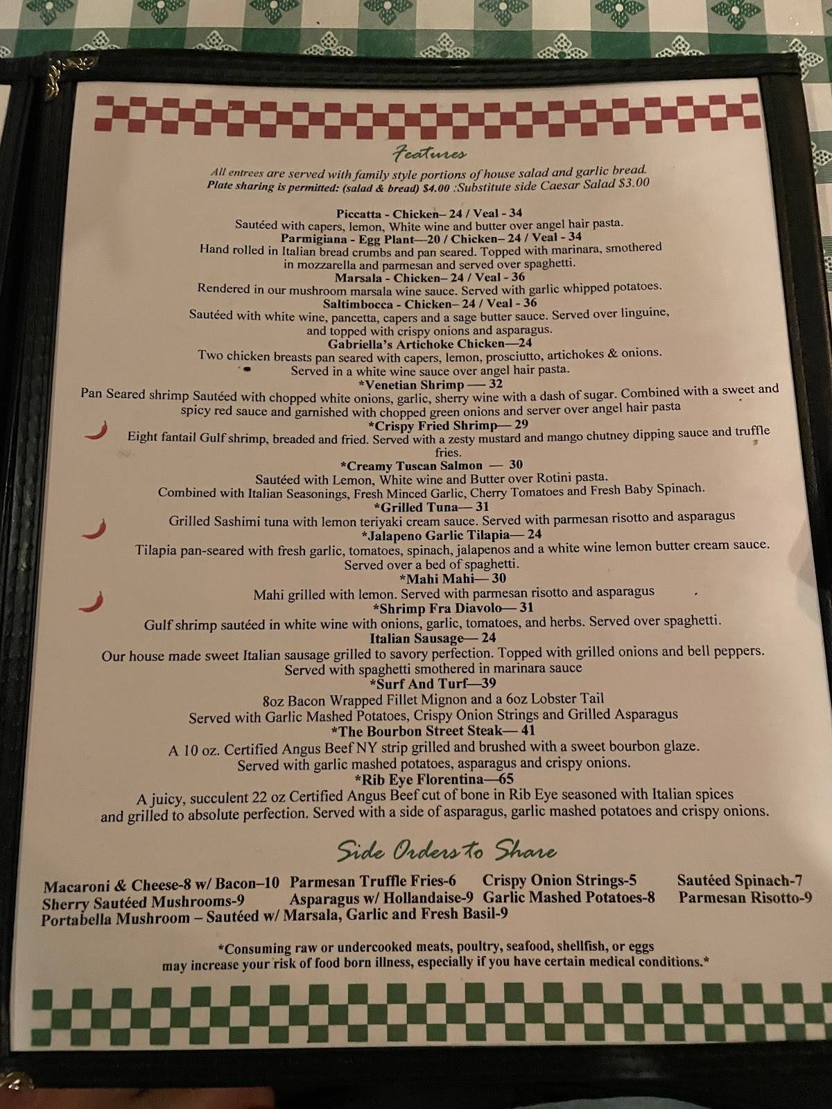 Menu at Gabriella's pizzeria, South Padre Island