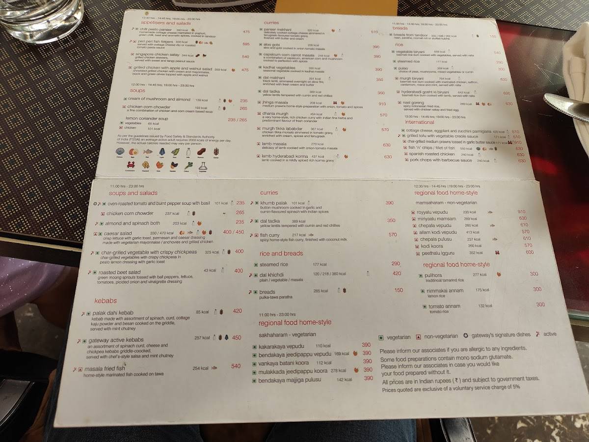 Menu at Gad, Visakhapatnam, The Gateway Hotel - Beach Road