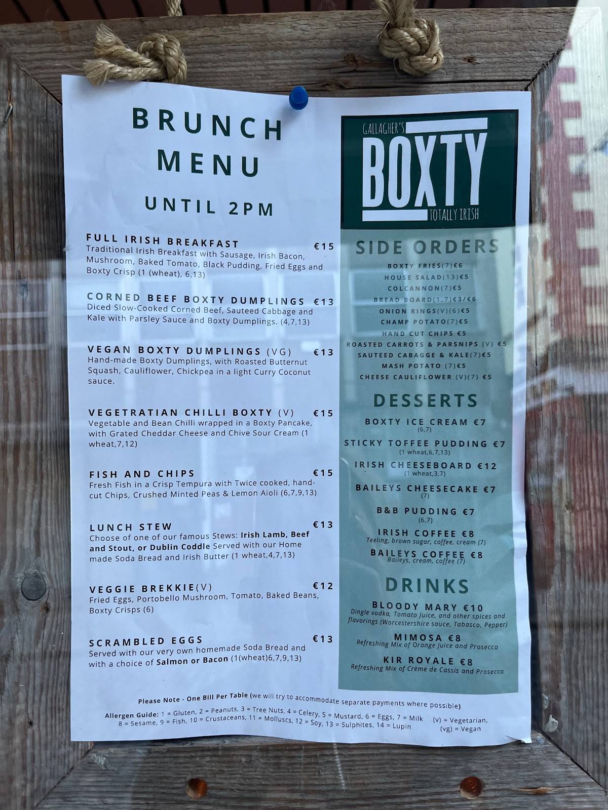 Menu at Gallaghers Boxty House restaurant, Dublin