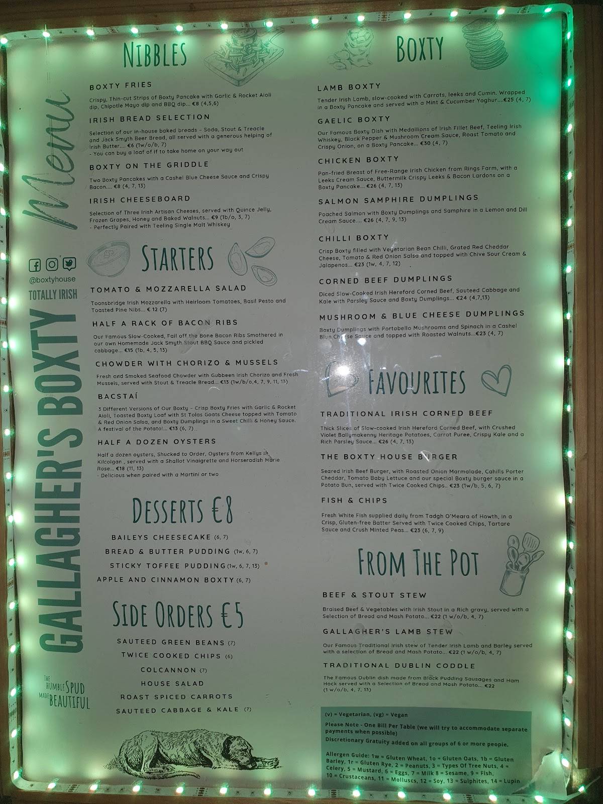 Menu at Gallaghers Boxty House restaurant, Dublin