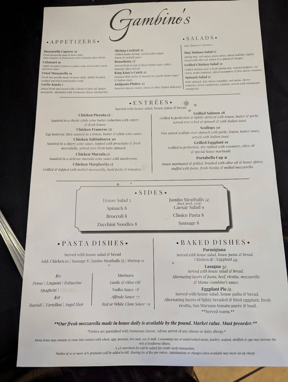 Menu at Gambino’s pizzeria, Easton