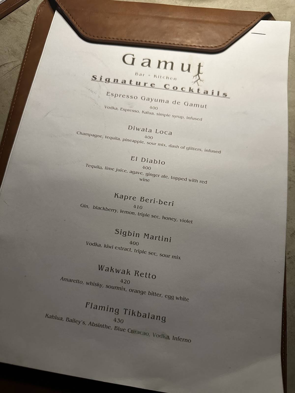 Menu at Gamut Bar + Kitchen, Cebu City