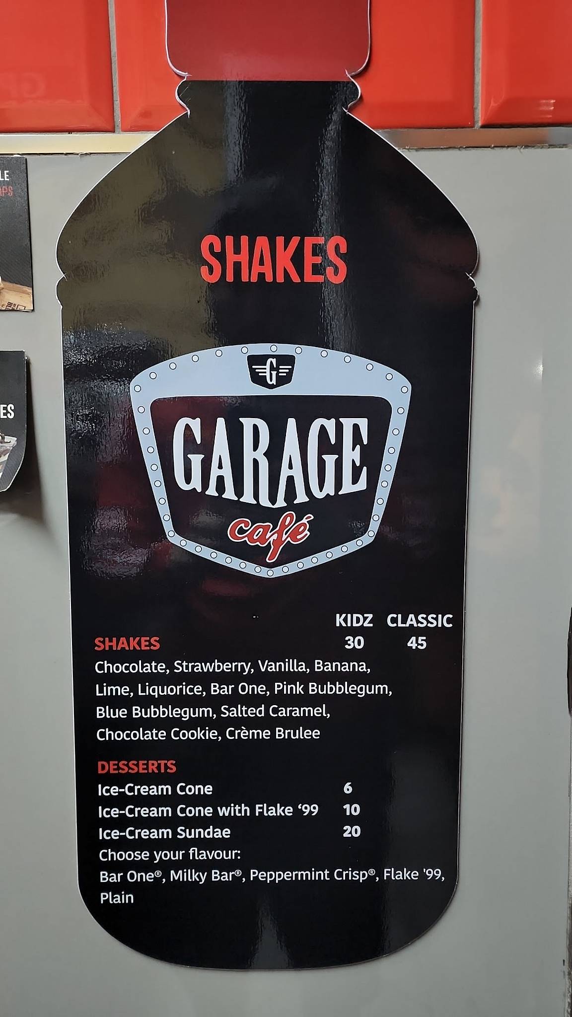 Menu at Garage Cafe, Johannesburg