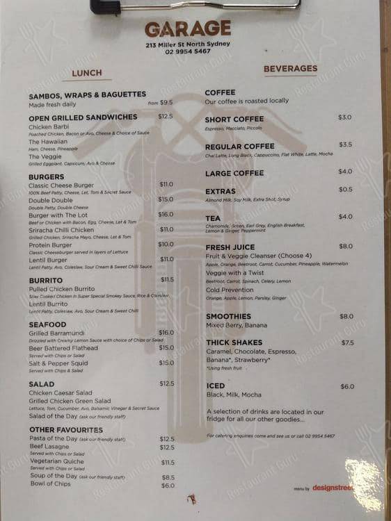 Menu at Garage North Sydney cafe, North Sydney