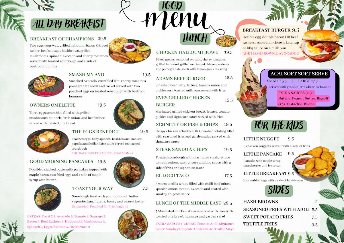 Menu at Garden of Eden Cafe, Austral